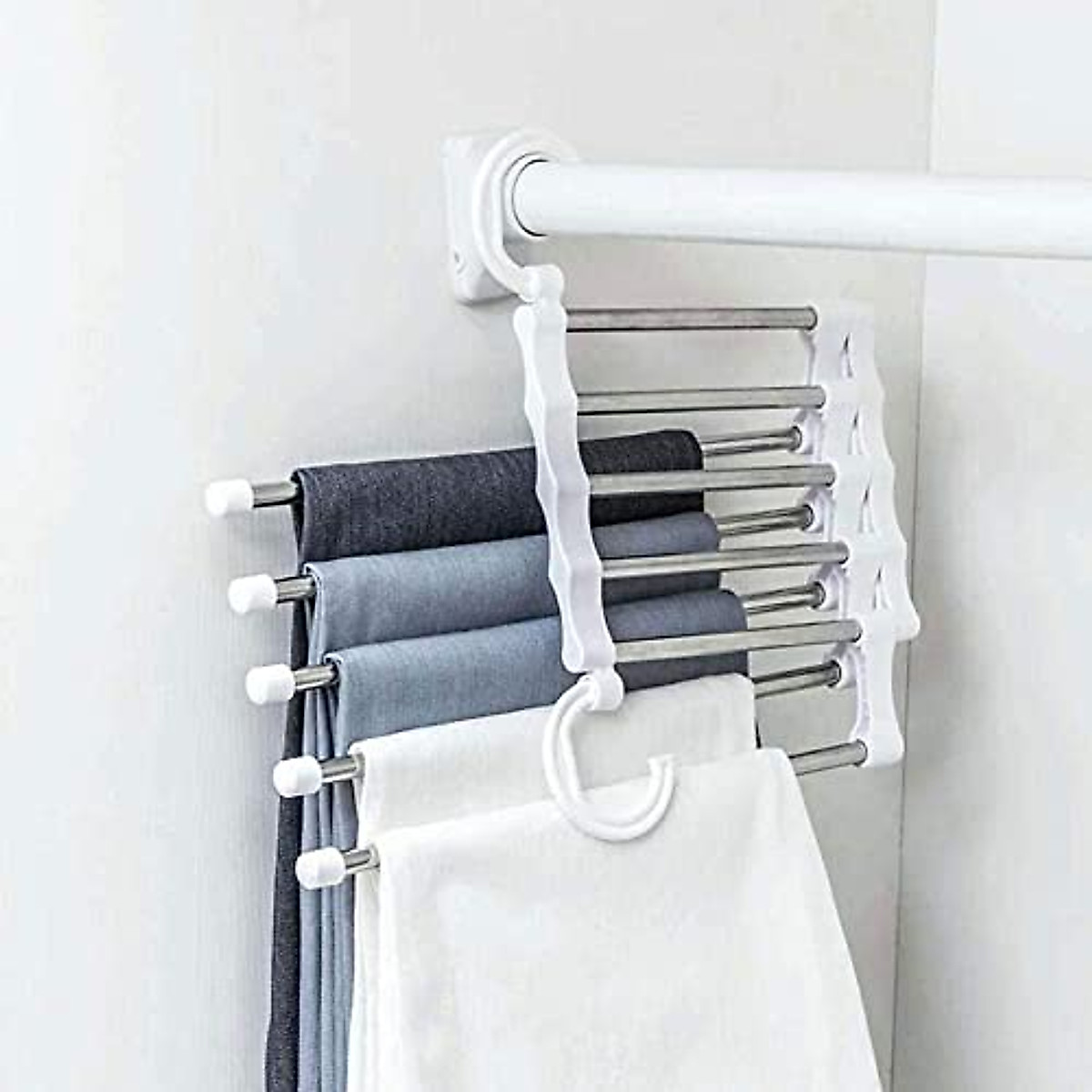 Steel Multifunction Retractable Pants Rack Trouser Hanger Multi-Layer Five Pants Rack one Hanging in Storage