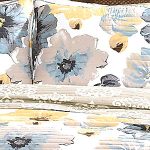 Lush Decor Leah 3 Piece Floral Reversible Quilt Set, Full/Queen, Yellow & Gray