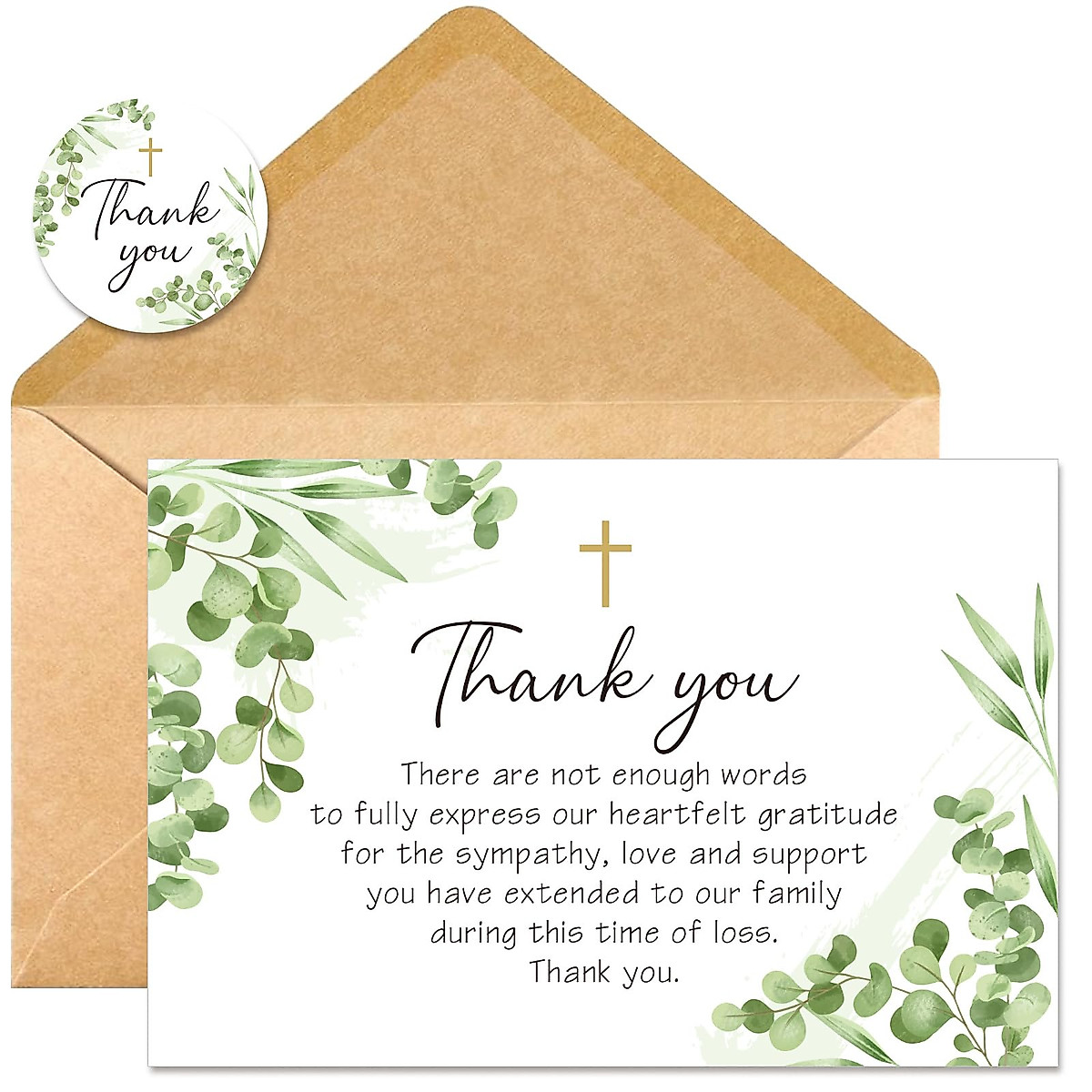 BYBOUS 50Pcs Funeral Sympathy Thank You Cards with Envelopes and Matching Seal Stickers, Green Leaf Cross Bereavement Card with Message for Memorial Service Loved Ones Celebration of Life