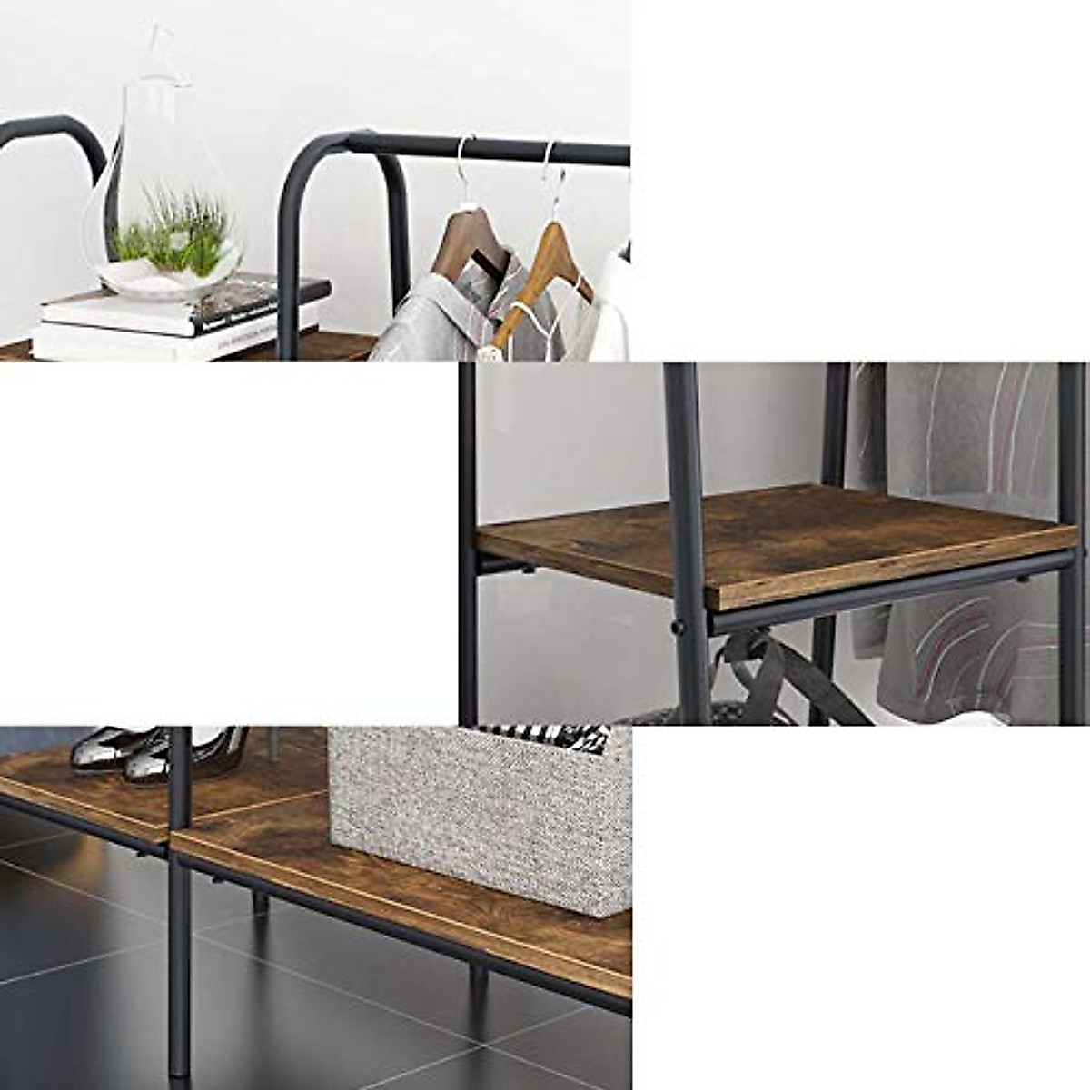 DlandHome Free-Standing Garment Clothing Racks, Home Metal Clothing Rack with 4-Tier Storage Shelves and Hanging Rod Closet Storage Organizer Clothing Rack for Bedroom Living Room Entryway