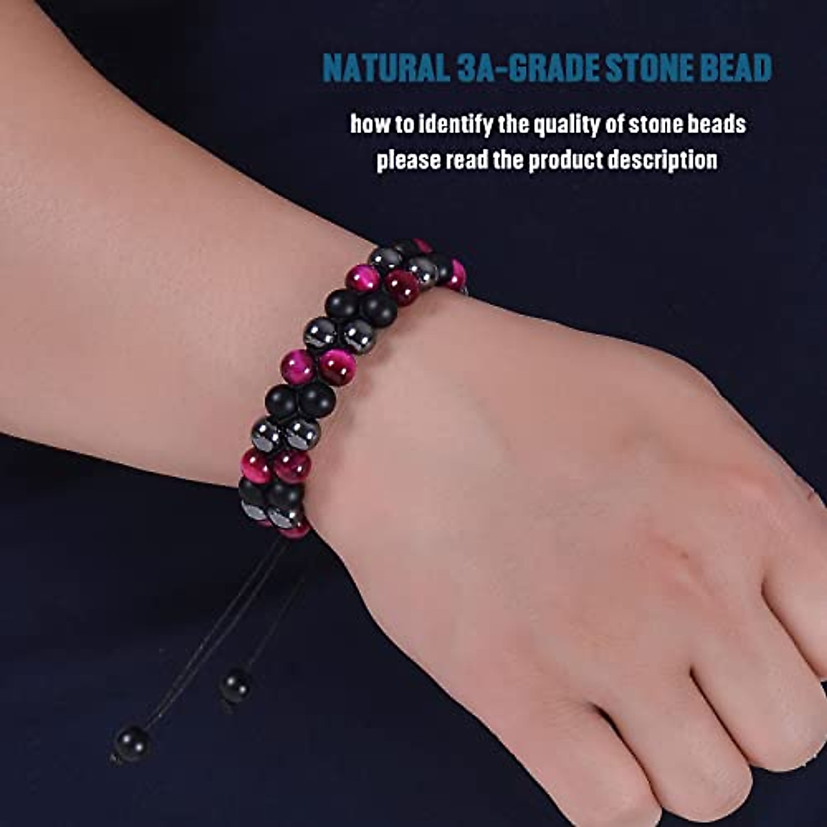 OAHERAS Beaded Bracelets for Women Triple Protection Spiritual Healing Natural Pink Tiger Eye Black Obsidian and Hematite 8mm Stone Bead Energy Crystal Bracelet - Bring Good Luck and Happiness
