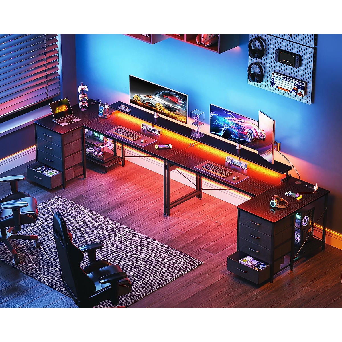 ODK 55-Inch L Shaped Gaming Desk with LED Lights & USB Power Outlets, Reversible Computer Desk with 4 Drawers, Corner Gamer Desk with CPU Shelf & Monitor Stand, Gaming Table for Bedroom, Black