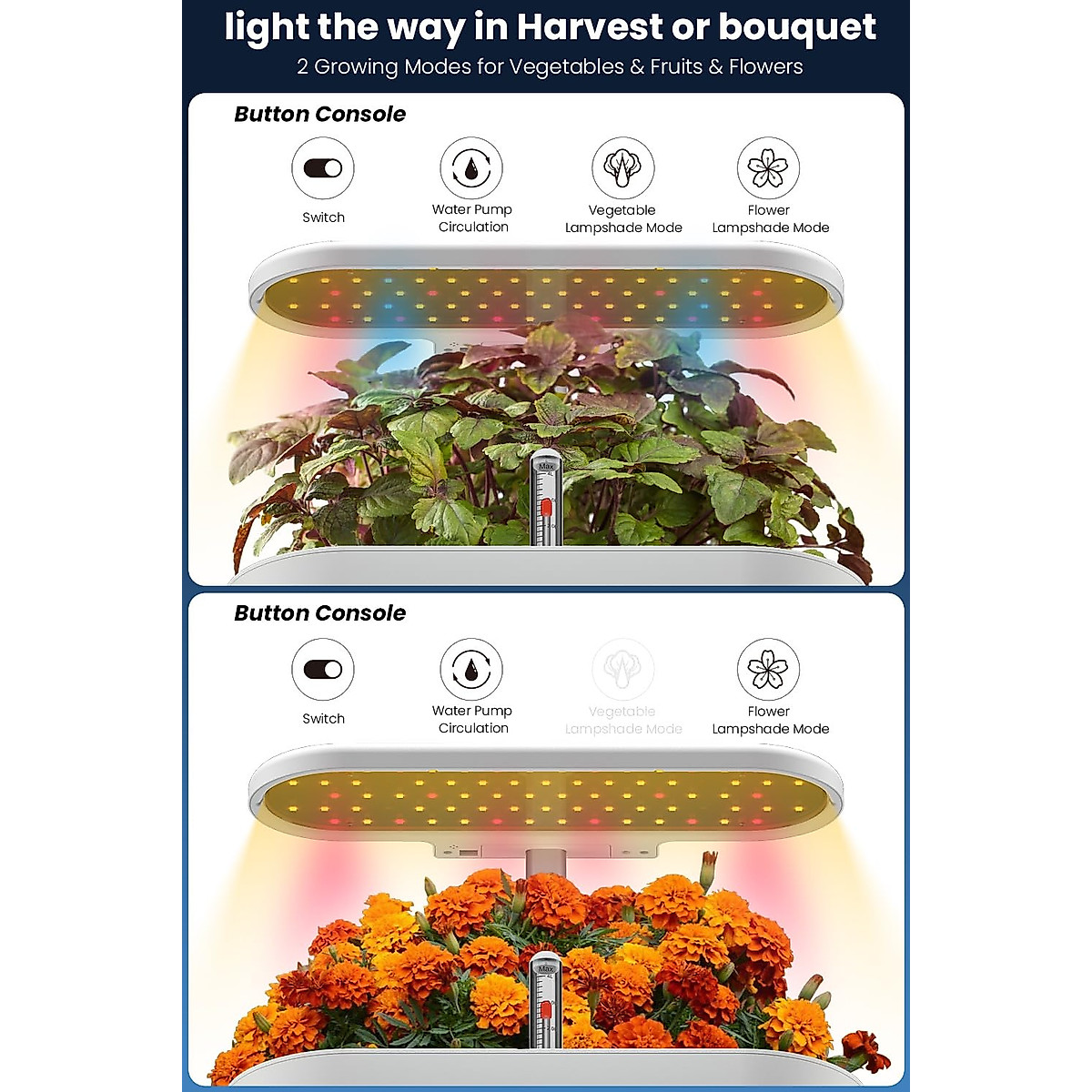 inBloom 12 Pods Hydroponics Growing System Indoor Garden with LED Grow Light and Pod Kit, Plants Germination Kit with 4.2L Water Pump Accelerate, Height Adjustable, Gardening Gifts for Women, White