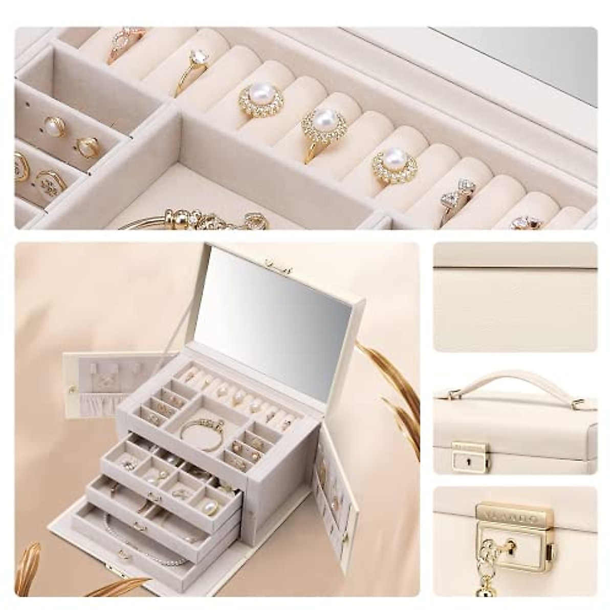 Vlando Velvet Jewelry Organizer Box for Women, Large Leather Jewelry Storage Box with Locked, Mirrored, 3 Drawer for Watch Necklace Ring Earring Storage, Gift for Girl Women and Mom - Apricot White