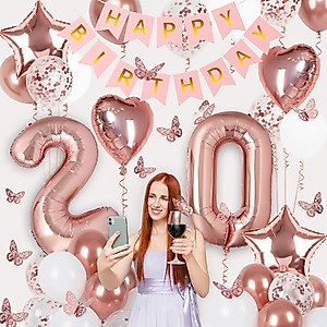Rose Gold 20th Birthday Decorations for Girl, 20 Year Old Birthday Sign with Happy Birthday Banner, 40In Number 20 Foil Birthday Balloons, Butterfly Decorations, Heart and Star Balloons