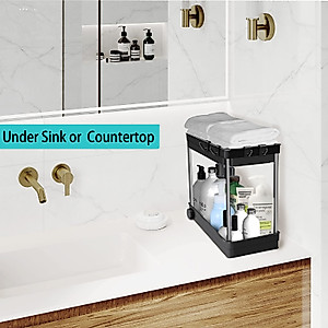 Durmmur [Upgrade Wheels] Under Sink Organizers and Storage, Slide Out Multi-Purpose 2 Tier Bathroom Organization Countertop or Undersink Shelf, Kitchen Under Cabinet Container Basket Caddy with Hooks