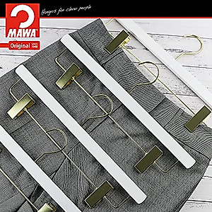 MAWA by Reston Lloyd, European Wooden Hanger, Beech Wood Hanger with Adjustable Pant Clips, Rotating Gold Hook, White Finish, for Pants, Shorts, & Skirt Clothes Hanger