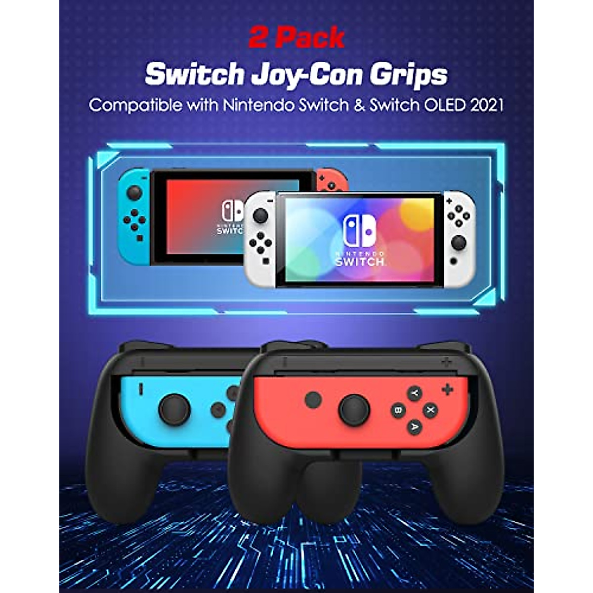 MoKo Grip for Nintendo Switch OLED Model Joycon & Switch Joy-Con, [2-Pack] Ergonomic Hand Grip Controller Handle Kit Compatible with Nintendo Switch/Switch OLED 2021 Joy Cons Controllers, Black