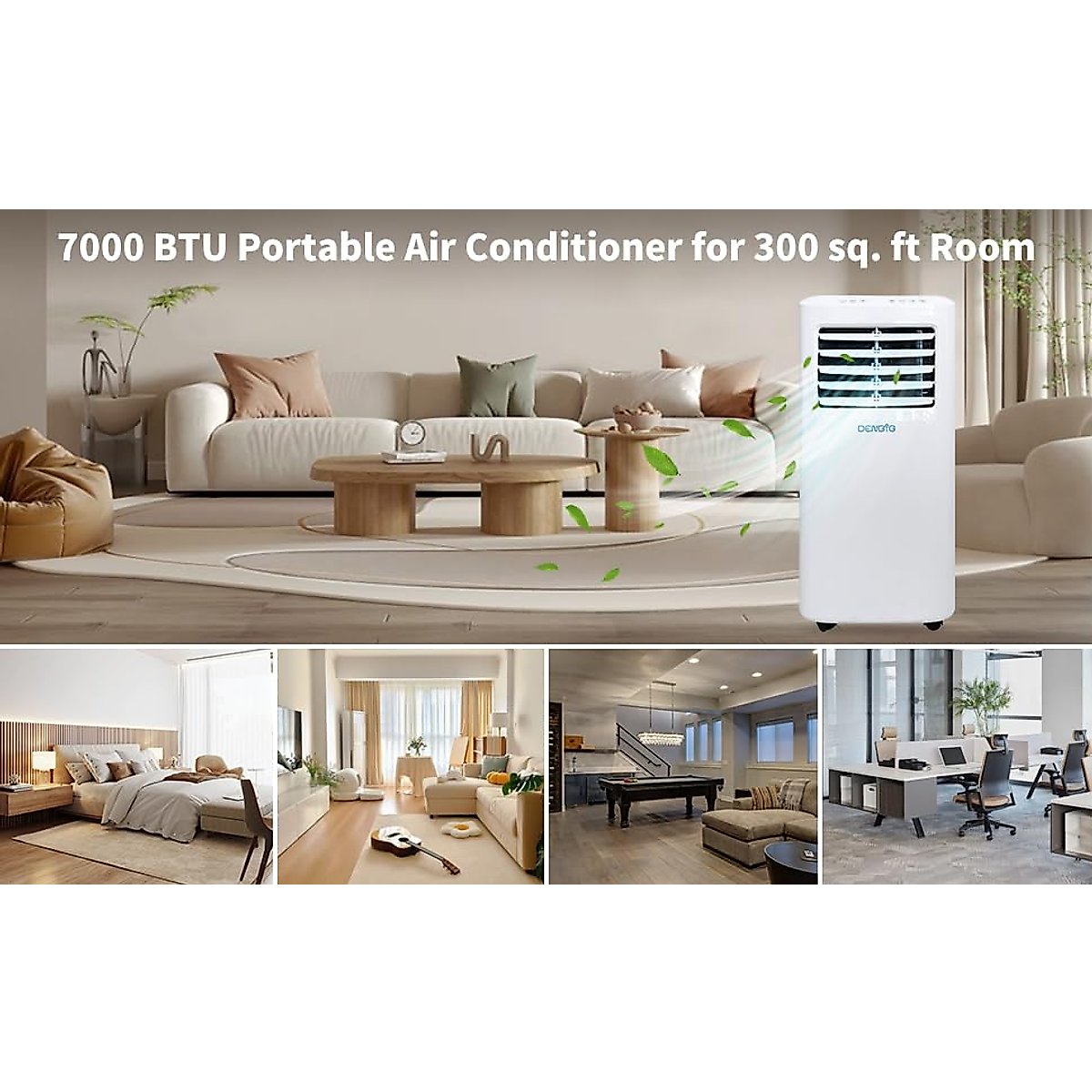 7,000 BTU Portable Air Conditioner, 3-in-1 Portable AC with Cooling/Dehumidifier/Fan/Sleep Modes for Rooms Up to 300 Sq. Ft, with 24-Hour Timer & Remote Control & Window Mount Kit