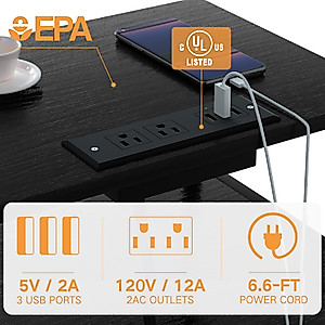 runjuly Black End Table with Charging Station, 3 Tier Night Stand with Wooden Drawer and Storage Shelf, Bedside Table with USB Ports Outlets, Narrow Side Table for Living Room, Bedroom