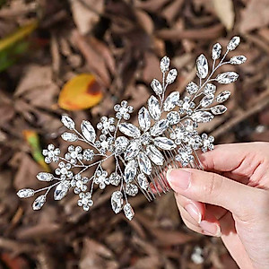 Unsutuo Crystal Bride Wedding Hair Comb Silver Rhinestone Flower Bridal Hair Pieces Pearl Wedding Hair Accessories for Women and Girls… (Silver)