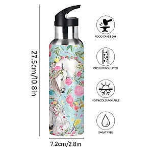 Flower Horse Water Bottle for Kids Stainless Steel Vacuum Insulated Water Bottle Standard Mouth Bottle with Wide Handle for Boys Girls
