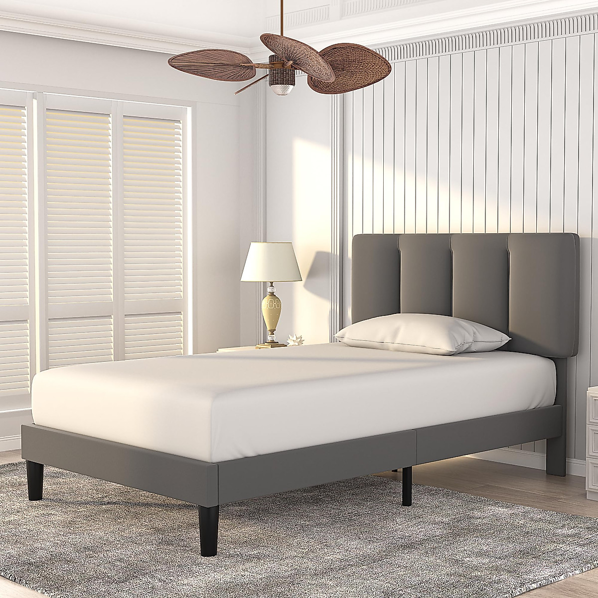 VECELO Twin Bed Frame with Upholstered Headboard, Platform Mattress Foundation with Strong Wooden Slats Support, No Boxing Spring Needed, Easy Assembly, Dark Grey
