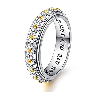Ladytree Daisy Anxiety Relieve Spinner Rings You Are My Sunshine Flower Fidget Ring Sterling Silver ADHD Stress Relieving Ring for Women (9)