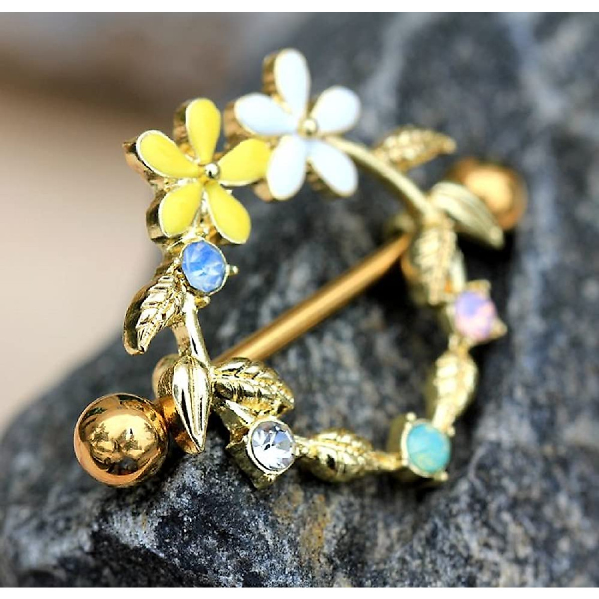 Pierced Owl 14GA Golden Leaves Shield with Flowers and Colorful CZs 316L Surgical Stainless Steel Barbell Nipple Ring Shields, Sold as a Pair