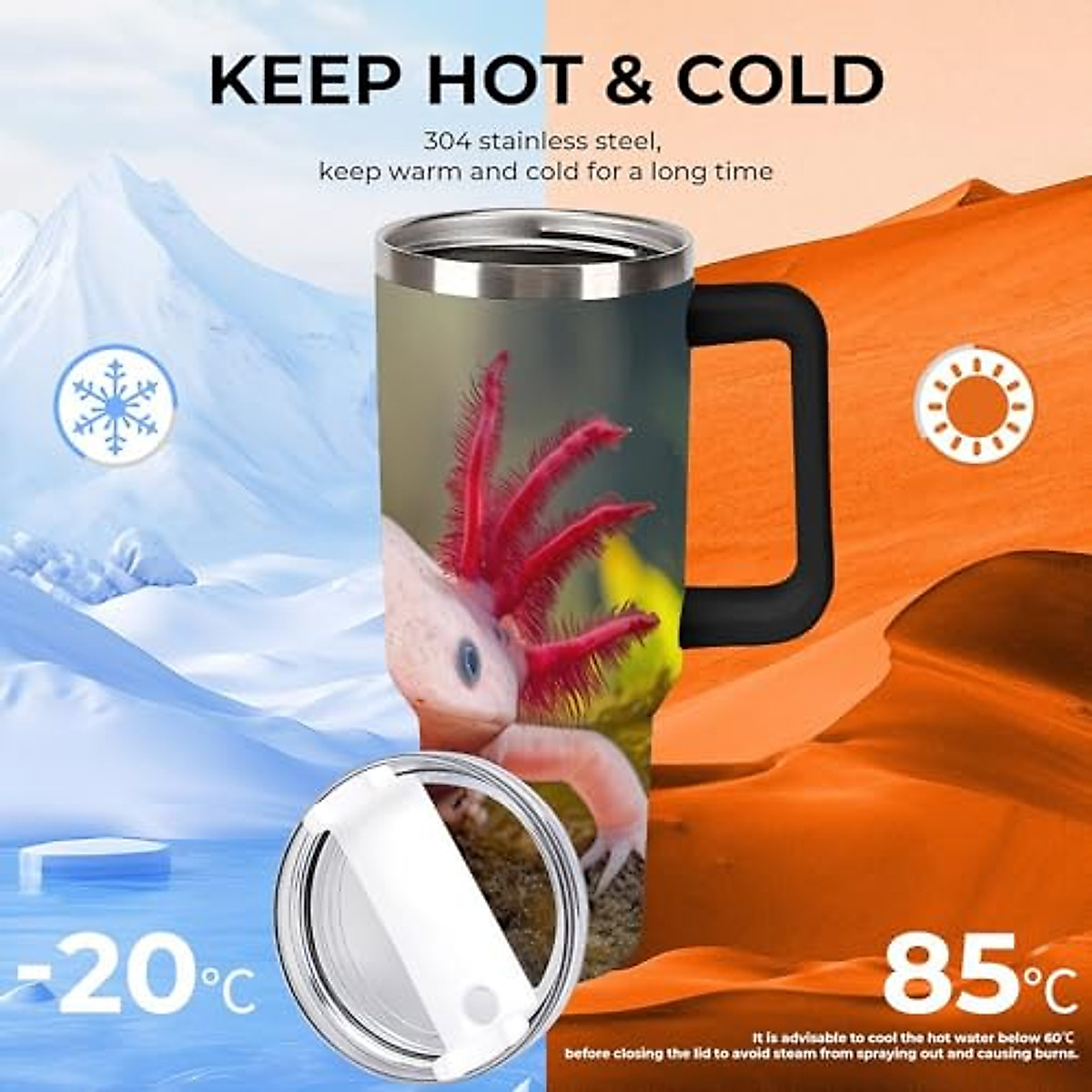 Axolotl Tumbler with Handle Travel Mug Water Bottle Tea Coffee Cup Black-style