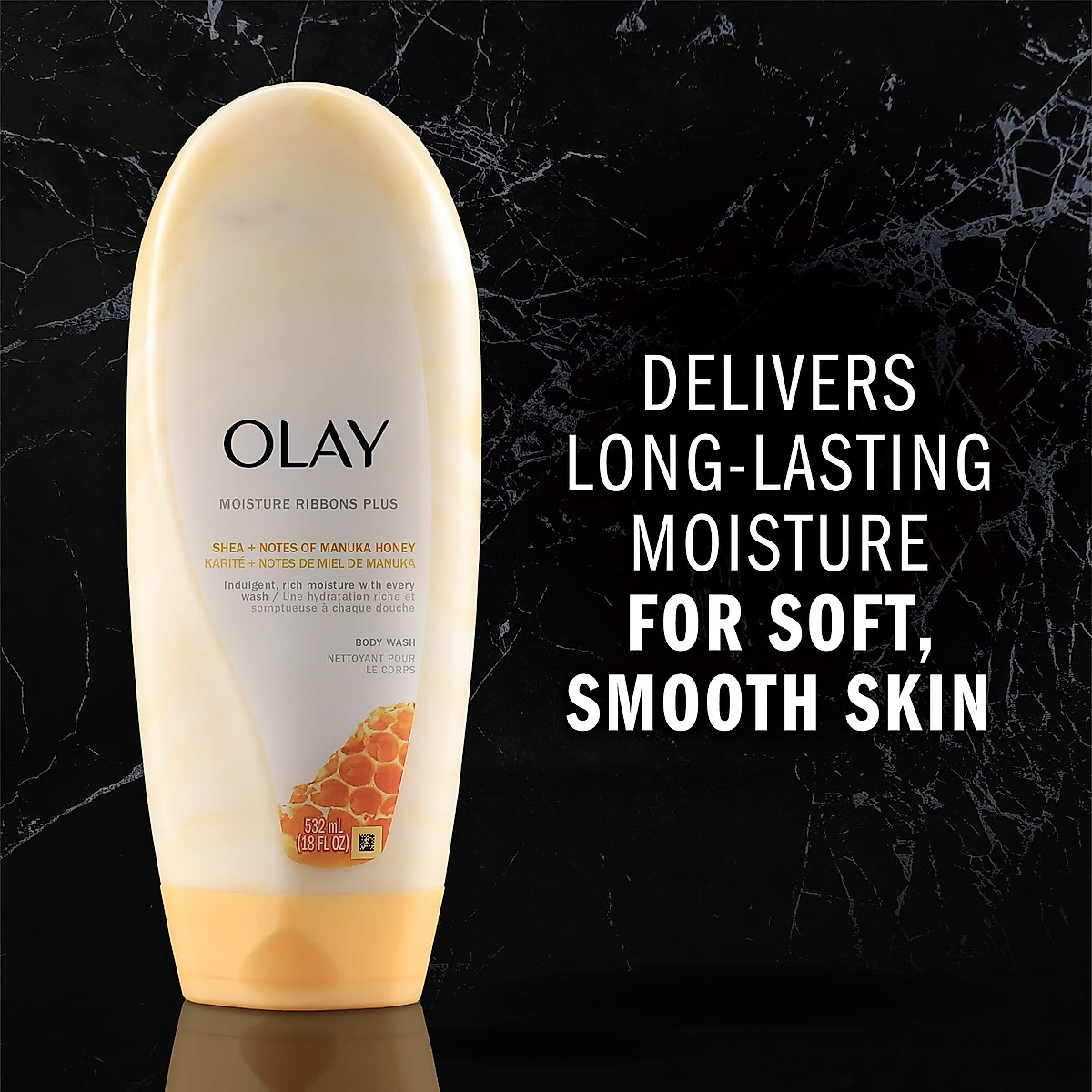 Body Wash by Olay, Moisture Ribbons Plus Shea + Manuka Honey Body Wash, 18 fl oz (Pack of 4)