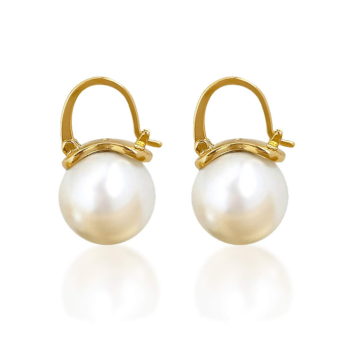 OwMell Elegant 925 Sterling Silver Pearl Drop Earrings Dangle Stud Gold Plated Earrings for Women Large Size 12mm - Gold
