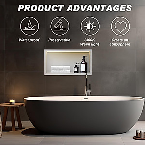 Hicarer Stainless Steel Shower Niche LED Light Recessed Niche Shower Waterproof Recessed Wall Mounted No Tiling Required Shower Alcove for Bathroom Storage Installation (Gray,12 x 24 Inch)