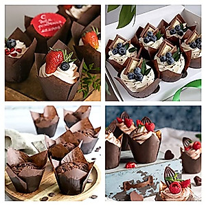 BAKHUK 200pcs Tulip Cupcake Baking Cups, Muffin Baking Liners Holders, Rustic Cupcake Wrapper, Brown, White and Nature Color