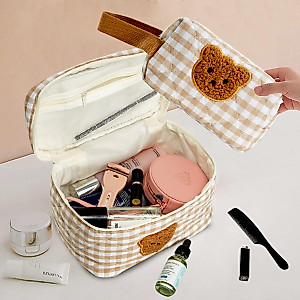 AIPJOY Kawaii Cotton Checkered Makeup Bag,Large Quilted Coquette Travel Cosmetic Bag,Cute Aesthetic Pouch Purse Toiletry Bag For Women（2pcs）