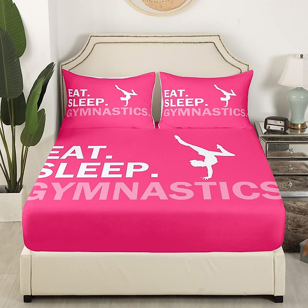 jejeloiu Gymnastics Sheets Set Full Girls Gymnastics Lovers Bed Sheet Set for Kids Women Ultra Soft Sports Bed Sheet Girly Pink Bedding Set Decor Flat Sheet & Deep Pocket Fitted Sheet & Pillowcase