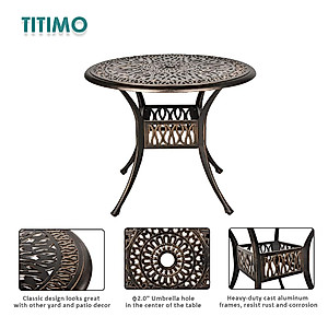 TITIMO 3 Piece Patio Dining Set, All-Weather Outdoor Cast Aluminum Patio Furniture Conversation Set Includes Round Table and Chairs with Cushions and Umbrella Hole for Patio Garden Deck (Khaki)