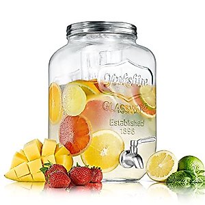 NutriChef 2-Gallon Glass Beverage Dispenser - Mason Jar Style Drink Container Jug w/Stainless Steel Spigot & Plastic Ice Infuser, Wide Mouth Easy Filling, 100% Leak-proof Lid, For Party or Daily Use