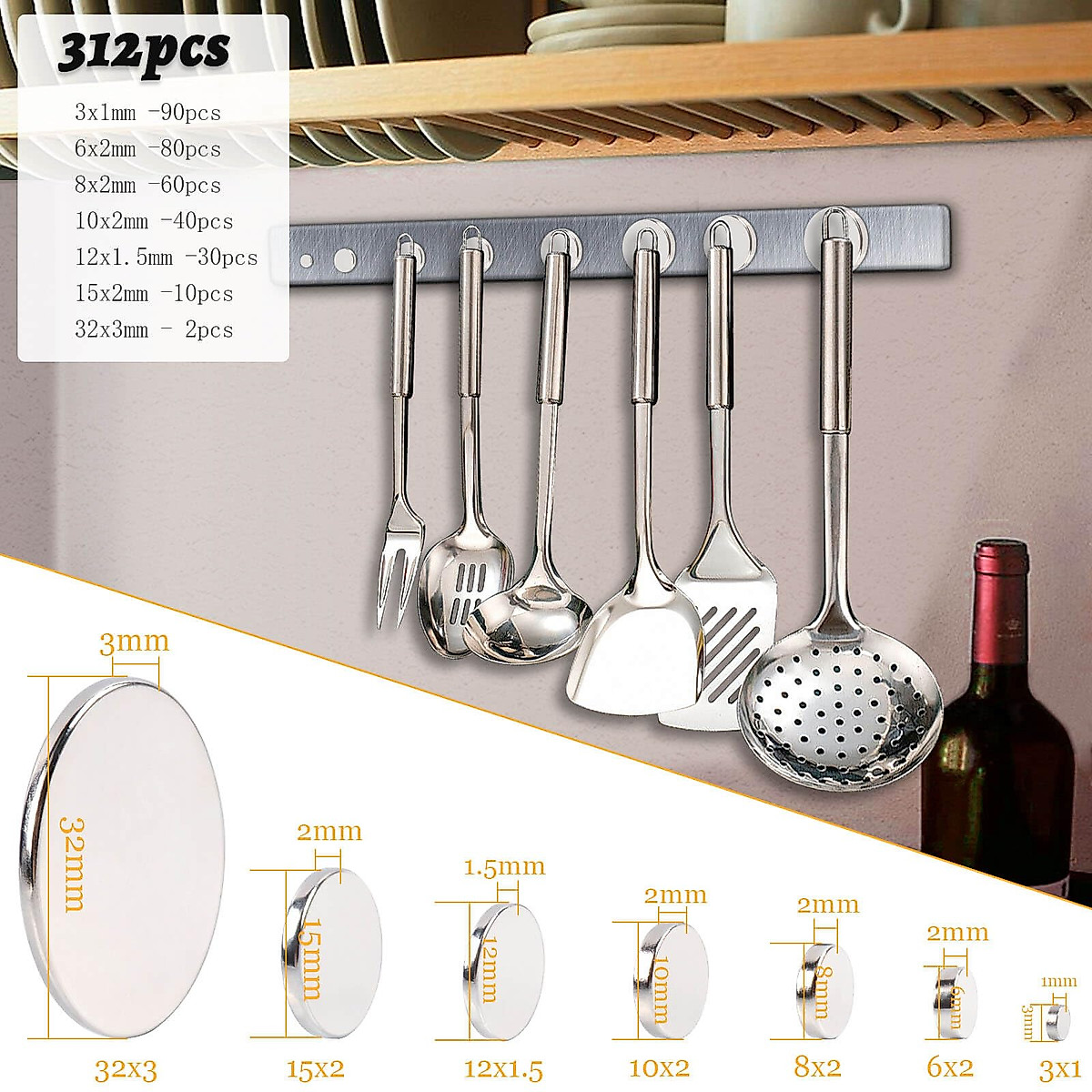 312Pcs Strong Neodymium Magnets Disc, Powerful Round Rare Earth Magnets Heavy Duty Small Magnets Neodymium for Muti-use, 7 Different Size Tiny Mini Magnets for Crafts, Refrigerator, Fridge Magnets