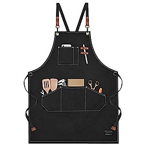 SHAWNTOO Chef Aprons for Men Women with Large Pockets, Cotton Canvas Cross Back Heavy Duty Adjustable Work Apron,Kitchen Cooking M-XXL