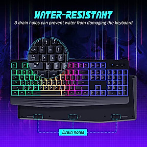 yesbeaut Gaming Keyboard, 7-Color Rainbow LED Backlit, 104 Keys Quiet Light Up Keyboard, Wrist Rest, Whisper Silent, Anti-ghosting Multimedia Keys, Waterproof USB Wired Keyboard for PC Mac Xbox