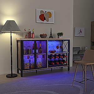 Bar Cabinet Industrial Wine Organizer with Wave-Shaped Wine Glass Rack Mesh Door Adjustable Inner Board Multi-Function Floor Liquor Cabinet Bar for Home Farmhouse Living Room