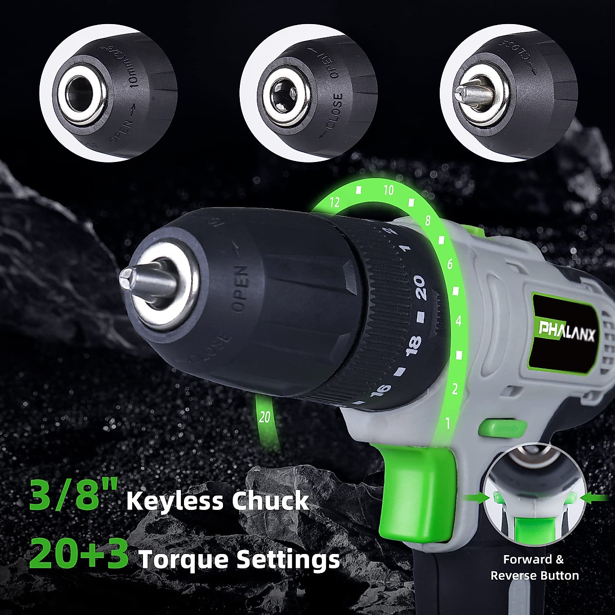 PHALANX 20V Cordless Drill Set - Multifunctional 3-in-1 Power Drill Set with Battery and Fast Charger, 20+2 Torque Impact Drill, 3/8" Chuck Electric Screwdriver Hammer Drill, 48 Driver Drill Bits