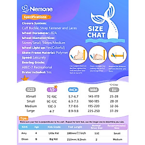 NEMONE Mermaid 4 Size Adjustable Light up Roller Skates for Girls, Blue Purple Skates for Toddlers, Beginner Kids Roller Skates Indoor Outdoor (Blue M)