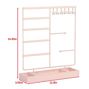 X-cosrack Earring Organizer Holder, 5-Tier Ear Stud Holder with Wooden Tray, Jewelry Towers for Earrings Necklaces Bracelets Watches and Rings,Earring Display Stand, Pink