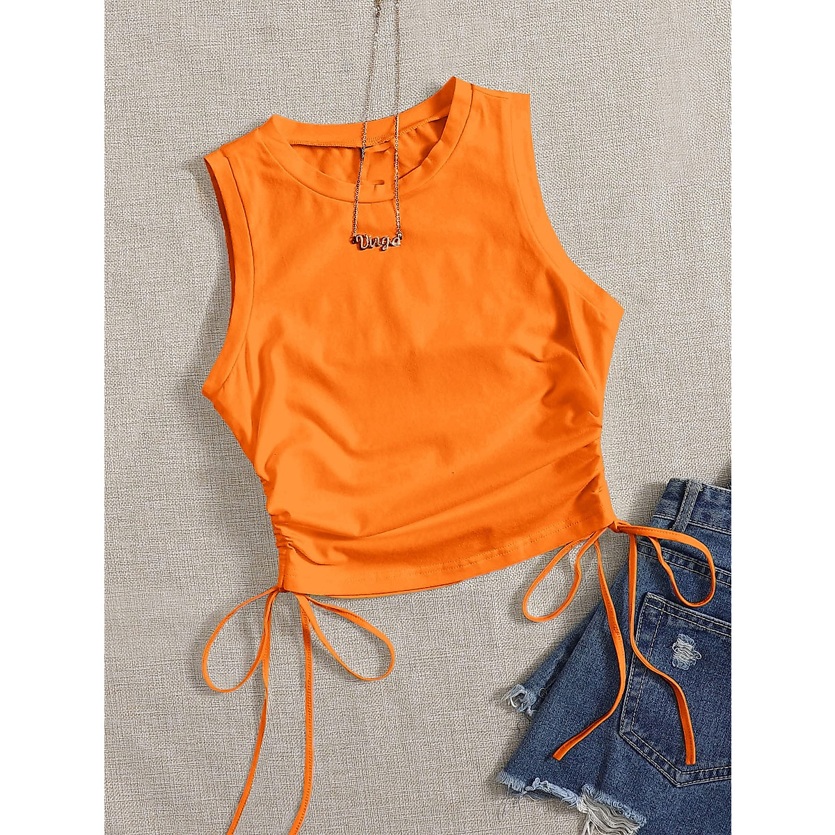 Floerns Women's Graphic Print Sleeveless Drawstring Ruched Crop Tank Top Orange XL