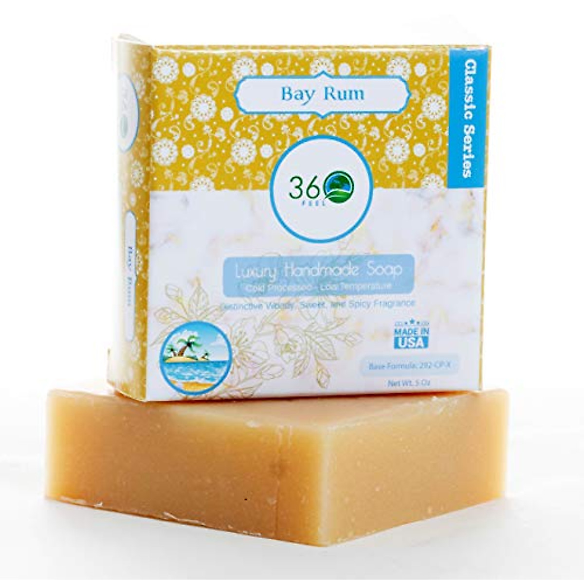 360Feel Bay Rum Soap - Handmade Bar with Woodsy Sweet, Spicy Scent and Bay Rum Shaving Soap - Gift Ready for Men - Castile Man - 5 Ounce