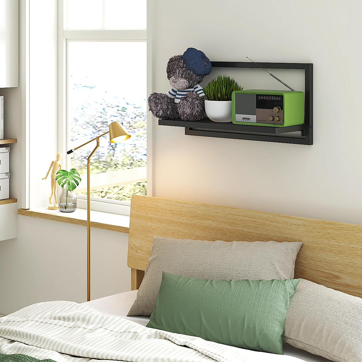 LUPWNEKA 16 Inch Black Folding Wall Shelf, Metal Panels Bathroom Shelves Wall Mounted, Unique Folding Display Wall Shelves, Foldable Hanging Shelf for Bathroom, Kitchen, Living Room, Garage