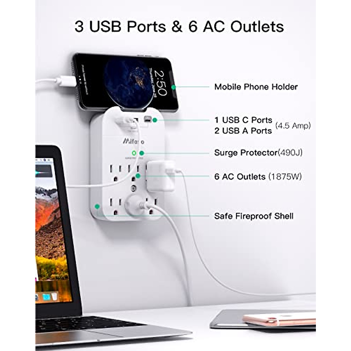 Outlet Extender - Wall Surge Protector with 6 Outlets 3 USB (1 USB C, 2 USB A), Multi Plug Outlet Splitter, Wall Mount Adapter with Top Phone Holder for Home, School, Office (490 Joules)