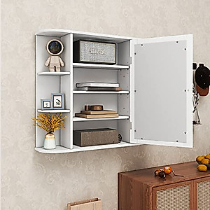 LOKO Bathroom Medicine Cabinet with Mirror, Wall Mounted Storage Cabinet w/Mirrored Door, Open Shelves & Adjustable Shelves, Bathroom Wall Mirror Cabinet, 26 x 6.5 x 25 Inches (White)