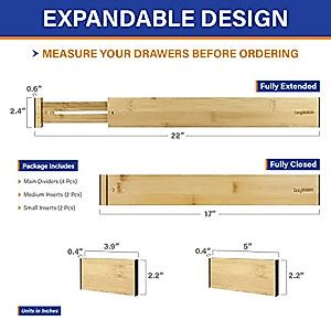 CozyVenient Adjustable Bamboo Drawer Dividers for Clothes, Kitchen Utensils, Office Desks, Bathroom Accessories, Socks and Underwear, and Personal Items, 4 Dividers with 4 Partitions