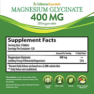 Magnesium Glycinate 400 - Chelated, High Absorption Magnesium for Muscle Relief, Bone & Heart Support -Vegan, Non-GMO, Gluten-Free 240 Tablets (Servings 120, Serving Size (2) 200mg Tablets)