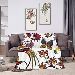 Throw Blanket 40x50 Inch,Oriental Beautiful Flowers Bird Flannel Soft Cozy Fluffy Throw Blankets and Warm Throws for Adults in Couch Sofa Bed 50x40 Inch