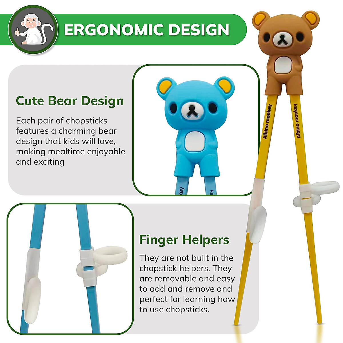 Kids Chopsticks For Beginners - Learning Edition - 6 Pairs + 6 Chopstick Helpers - Cute Bear Training Chopsticks, Dishwasher Safe
