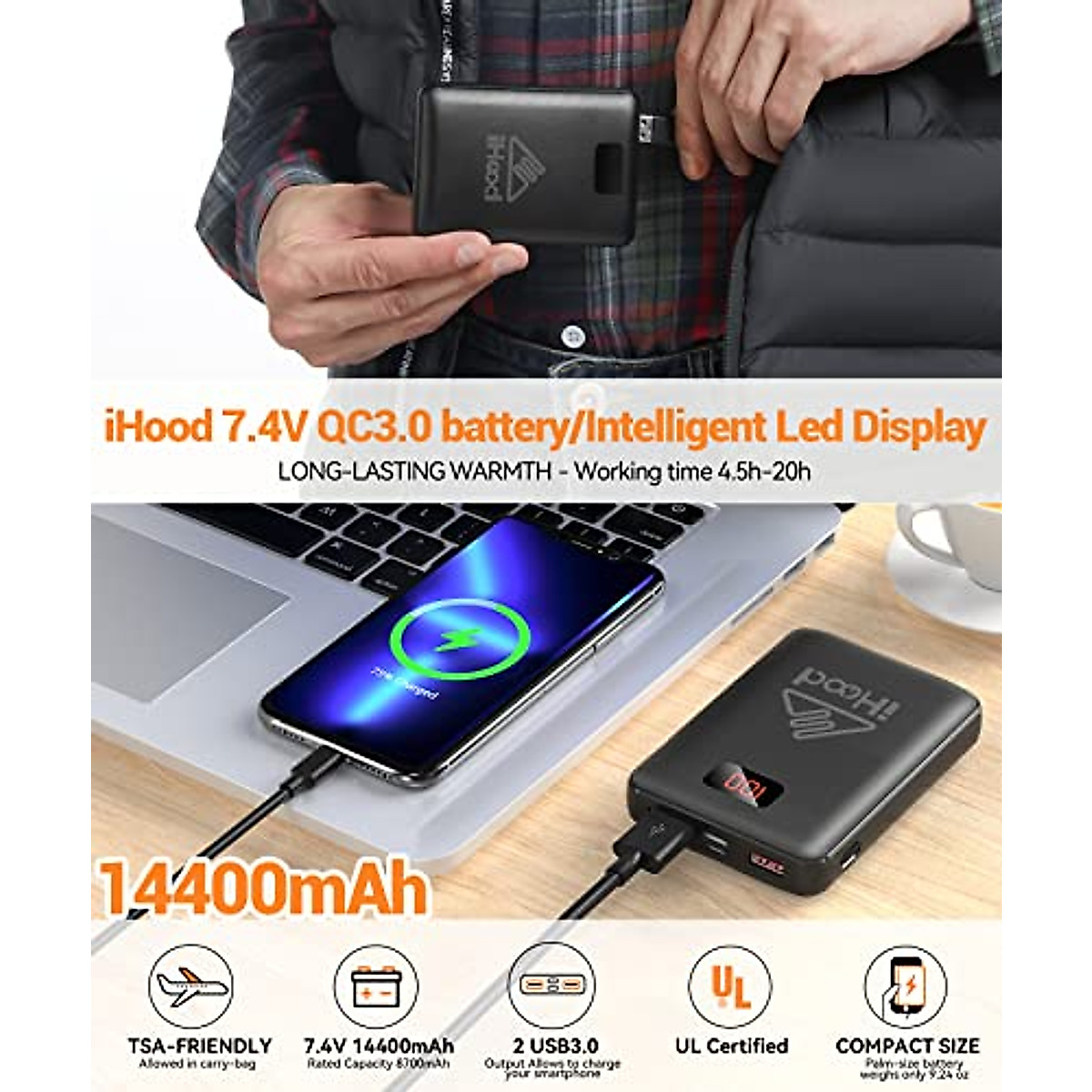 iHood Heated Vest Battery Pack, 5V / 7.4V / 12V Auto-Transformer 14400mAh Power Bank for Heated Jacket and Heated Hoodie,Dual USB LED Display Portable Charger for iPhone Android etc
