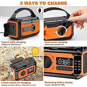 12000mAh Emergency Radio, Hand Crank Radio, Portable Solar Radio AM/FM/NOAA Weather Radio with 2 Solar Panels,3 Charging Methods,SOS Alarm,Flashlight,Phone Charger,Compass,Reading Lamp (Orange)