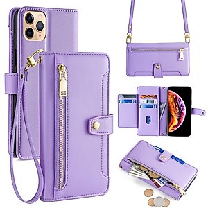 Arseaiy Wallet Case for VIVO V20 Flip Phone Case with Crossbody Strap Magnetic Handbag Zipper Pocket PU Leather Shockproof with Kickstand Phone Shell Purple