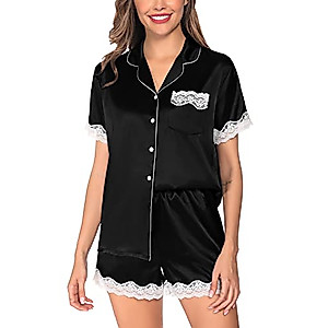 SWOMOG Women's Silk Lace Pajama Sets Satin Button Down Tops Pjs Lace Shorts Bottoms 2 Pcs Sleepwear Lounge Sets with Pockets Black
