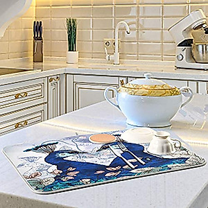 Painting Lovely Heart Peacock Dish Drying Mat 24"x18" Absorbent Machine Washable Hanging Fast Dry Pad Dish Protective Mat for Kitchen Countertop Heat Resistant Dinner Table Mat