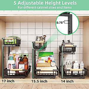 2 Pack Under Sink Organizer, Height Adjustable Pull out Cabinet Organizer, 2 Tier Metal Under Sink Organizer Storage, Sliding Storage Drawer for Kitchen Bathroom Laundry Room Pantry.